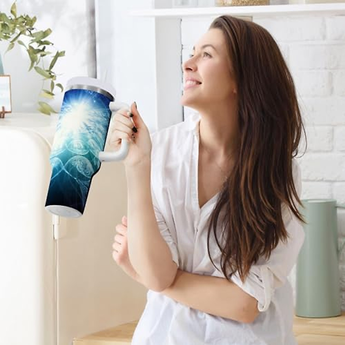 RPLIFE Galactic Bloom Blue 40 Oz Tumbler with Handle and Straw, Stainless Steel Tumbler, Insulated Coffee Mug with Lid