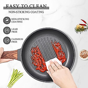 Vinchef 10 Inch Aluminum Nonstick Grill Pan for Stove Tops|Round Grill Pan With Wooden Stay Cool Handle|Induction Compatible
