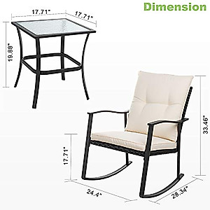 Vongrasig 3 Piece Outdoor Rocking Chair Set, PE Wicker Rattan Small Patio Rocking Bistro Set, Front Porch Furniture Rocking Chairs Set of 2, Cushioned Patio Rocker Chair Set with Glass Table (Beige)