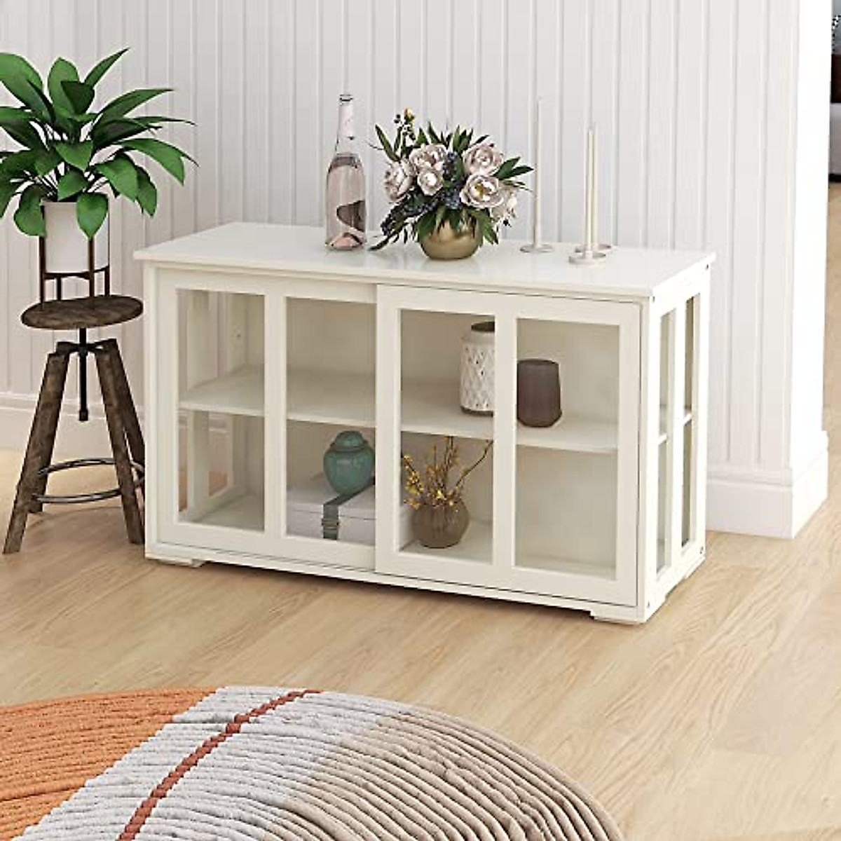 RASOO Kitchen Storage Cabinet Antique Stackable Black Buffet Storage Sideboard Adjustable Shelf Inside Credenza Cupboard with Transparent Glass Sliding Door (White)