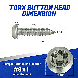 Fastenere Torx Security Sheet Metal Screws - #8 x 1" (25-Pack) Button Head, Tamper-Resistant, Anti Theft Stainless Steel Screws for Higher Level of Safety & Secure Fastening Solution
