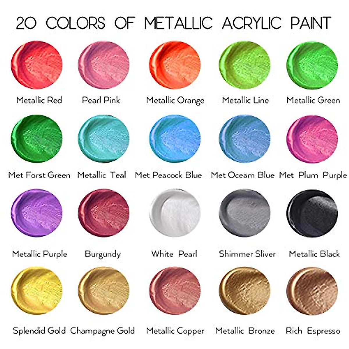 Metallic Acrylic Paint Set of Premium 20 Colors，Professional Grade Metallic Paints with Bottles (2fl oz 60ml), Rich Pigments of Non Fading and Toxic Paints for Artist Hobby Painters Kids