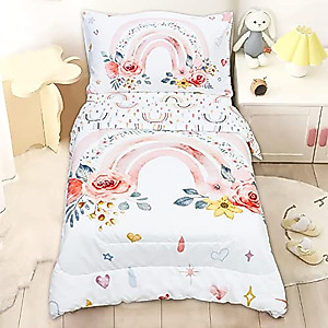 4 Pieces Toddler Bedding Set for Girls, Rainbow Toddler Comforter Set, Include Quilted Comforter, Flat Sheet, Fitted Sheet, Pillowcase, Ultra Soft and Breathable, Boho Floral, Pink