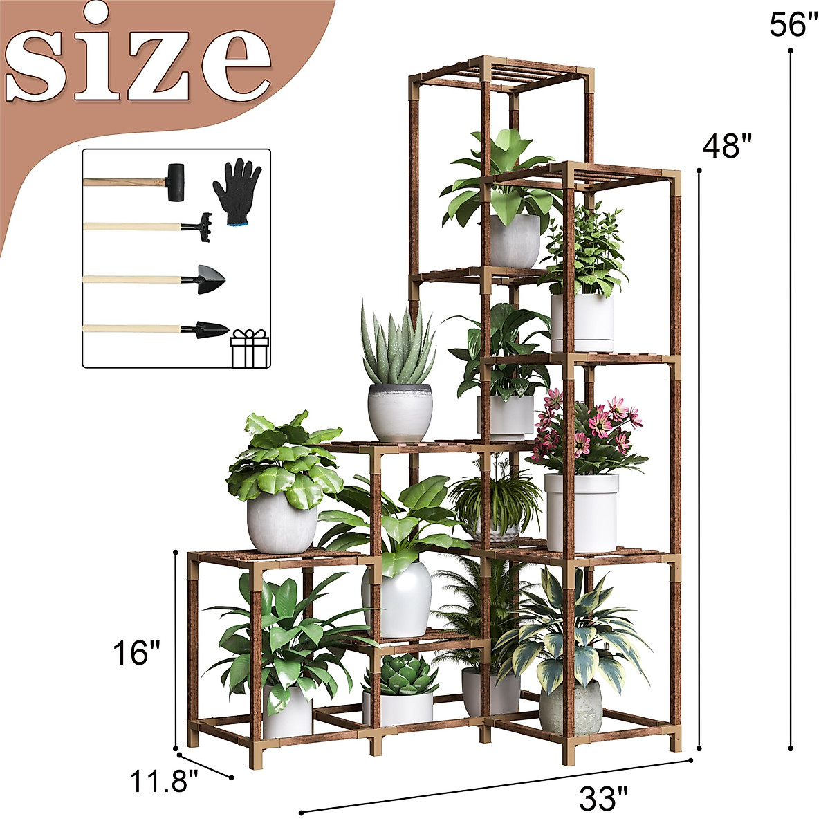 HOMKIRT Plant Stand Indoor Outdoor, 14 Tier Large Corner Plant Stand Tall Plant Shelf Rack Flower Stand For Multiple Plants, Wood Plant Holder Ladder Table Display For Patio Garden Balcony Window