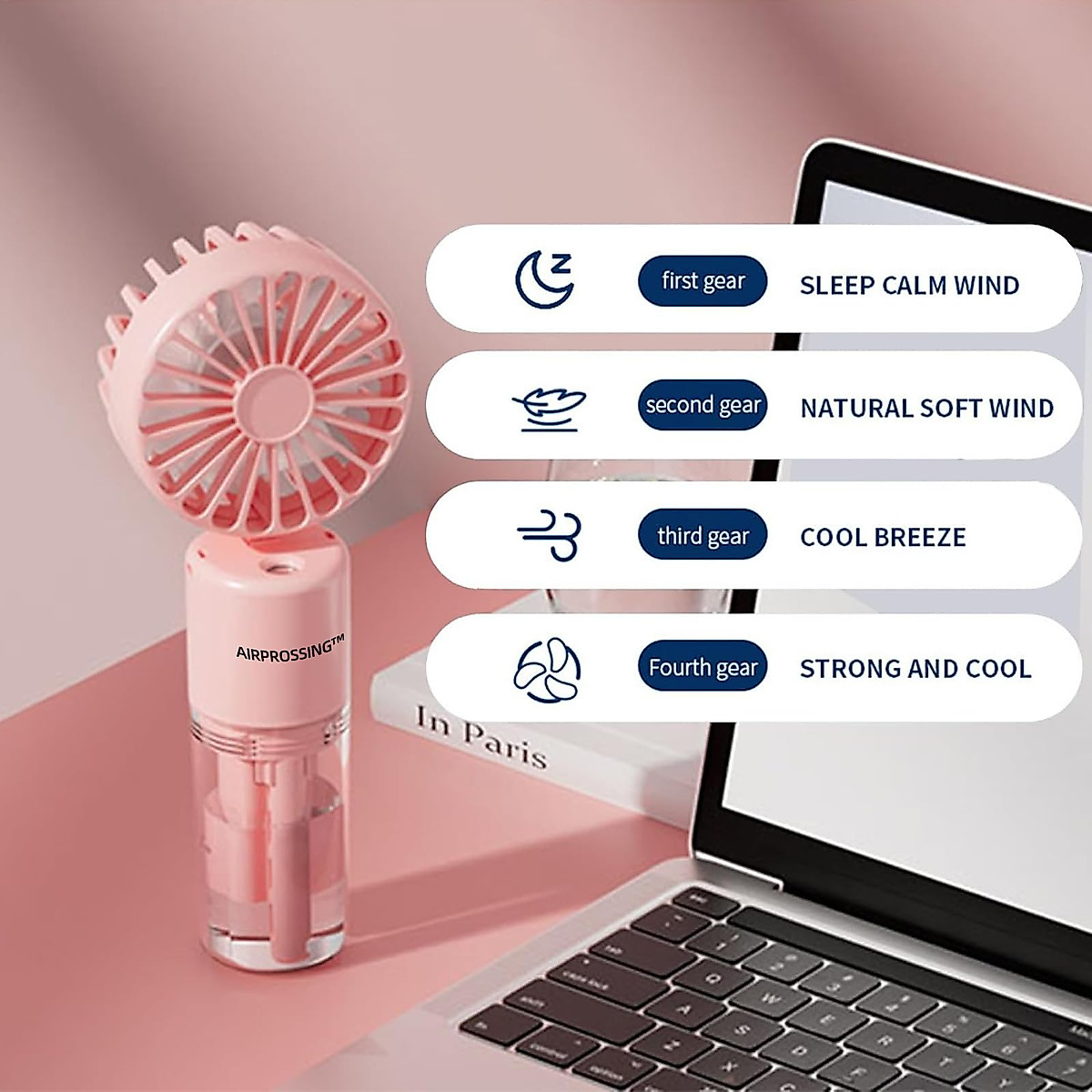 AIRPROSSING Portable Handheld Misting Fan，Rechargeable Battery Operated Spray Water Mist Fan Foldable，4 Speeds，Small Personal Cooling Fans for Outdoor,Travel, Makeup, Home, Office, Camping (white)