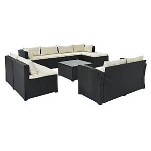 Modern Design 9 Piece Outdoor Large Wicker Sofa Set, Conversation Sectional Couch with Ottoman and Coffee Table, PE Wicker Rattan Furniture Set for Patio Balcony Backyard (Beige + Wicker-9-piece-1)