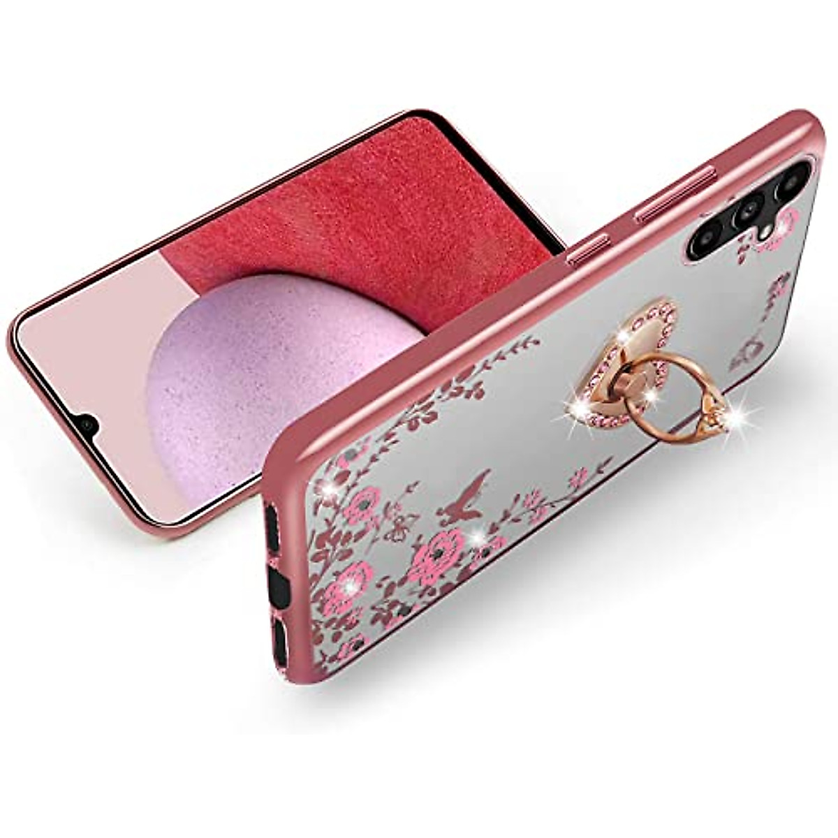 B-wishy for Samsung Galaxy A14 5G/A14 4G Glitter Crystal Butterfly Heart Floral Slim TPU Luxury Bling Cute Protective Cover with Kickstand+Strap for Samsung Galaxy A14 4G/5G(Rose Gold)