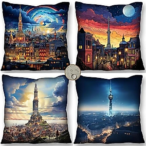 AI-Designed City Moon Throw Pillow Covers 70x70cm Set of 4 - Waterproof for Outdoor Use Farmhouse - for Living Room Bed Couch - Indoor Decorative Cushion Cases for Home Room Christmas Decorations