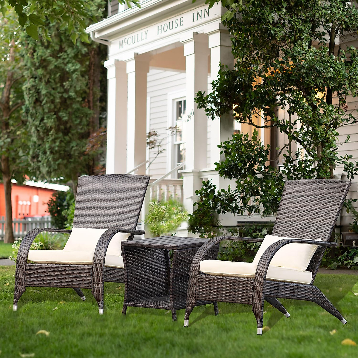 Adirondack Chairs Set 2 Outdoor Wicker Rattan Fire Pit Chairs Oversized Comfy Relax Accent Patio Chairs with Soft Cushion Low Deep Seating Tall Curved Backrest for Outside Backyard Deck Porch Cream