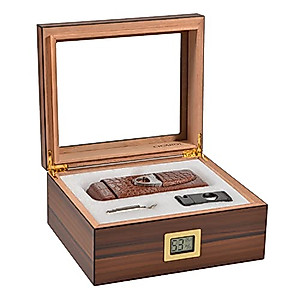 CIGAIOL Handcraft Cigar Kits with Cutter and Lighter, Luxurious Humidor Cigar Box Hold 30-50 Cigars 100% Cedar Wood Case with Digital Cigar Hygrometer/Travel humidor (No Cigars, no Batteries, no Gas)