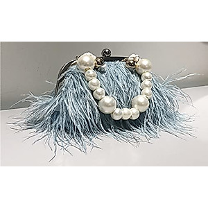 Vintage Fluffy Ostrich Feather Evening bags and Clutches for Women Pearl Chain Tote bags Bridal Purses Wedding Party Blue