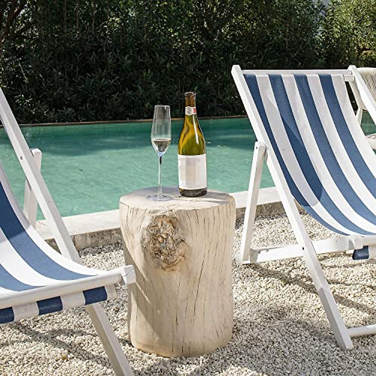 COSIEST Outdoor Antique Beige Side Table Faux Wood, Hand-Painted Wood Stump Stool, Ottomans, Plant Stand, Deck or Garden