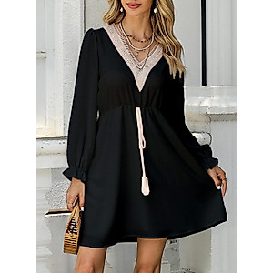 Dokotoo Spring Dresses for Womens 2023 V Neck Lace Trim Black Dresses for Women Puff Long Sleeve Hawaiian Dresses Tassel Belt Elegant Causal midi Dresses for Women Wedding Guest Medium