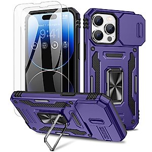 Maxdara for iPhone 14 Pro Max Phone Case, with Slide Camera Cover & Built-in Rotating Kickstand & Front Glass Screen Protector Phone Case for iPhone 14 ProMax 6.7 inch, Deep Purple