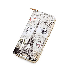 Eiffel Tower & Map Print PU Leather Continental Zip Around Wallet, Large