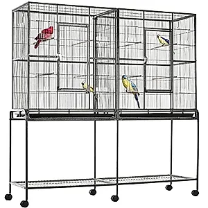 PawHut 65" Double Rolling Metal Bird Cage Feeder with Detachable Rolling Stand, Storage Shelf, Wood Perch & Food Container