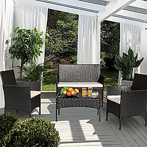 KaiMeng Patio Outdoor 4 Pieces Indoor Use Conversation Sets Rattan Wicker Chair with Table Backyard Lawn Porch Garden Poolside Balcony Furniture, Black