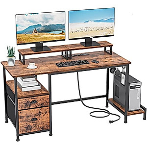 Furologee Computer Desk with Drawer and Power Outlets, 47" Office Desk with 2 Monitor Stands and Fabric File Cabinet, Writing Gaming Table with Shelves and 2 Hooks for Home Office, Rustic Brown