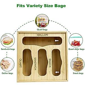 Bamboo Ziplock Bag Storage Organizer for Kitchen Drawer, Wooden Food Storage Bag Holders, Ziploc Baggie Organizer Dispenser, Compatible with Gallon, Quart, Sandwich & Snack Bags Variety Size Bag