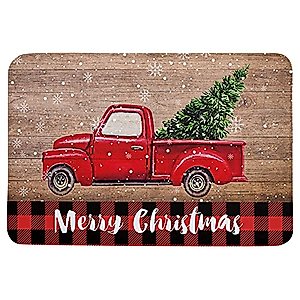 Christmas Bath Rugs Red Truck With Xmas Tree Sponge Doormat Absorbent Non Slip Durable Flannel Mat Red Black Check Plaid Retro Wood Grain Christmas Memory Foam Mats for Bathroom Kitchen 18 x 30 inches