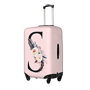 Elastic Travel Luggage Cover Cute Pink Suitcase Protector Bag,Black Letter S With Boho Floral Flowers Leaves Anti-Scratch,Dust-Proof Washable Suitcase Sleeve For Kid Adult,L (For 25-28 Inch Luggage)