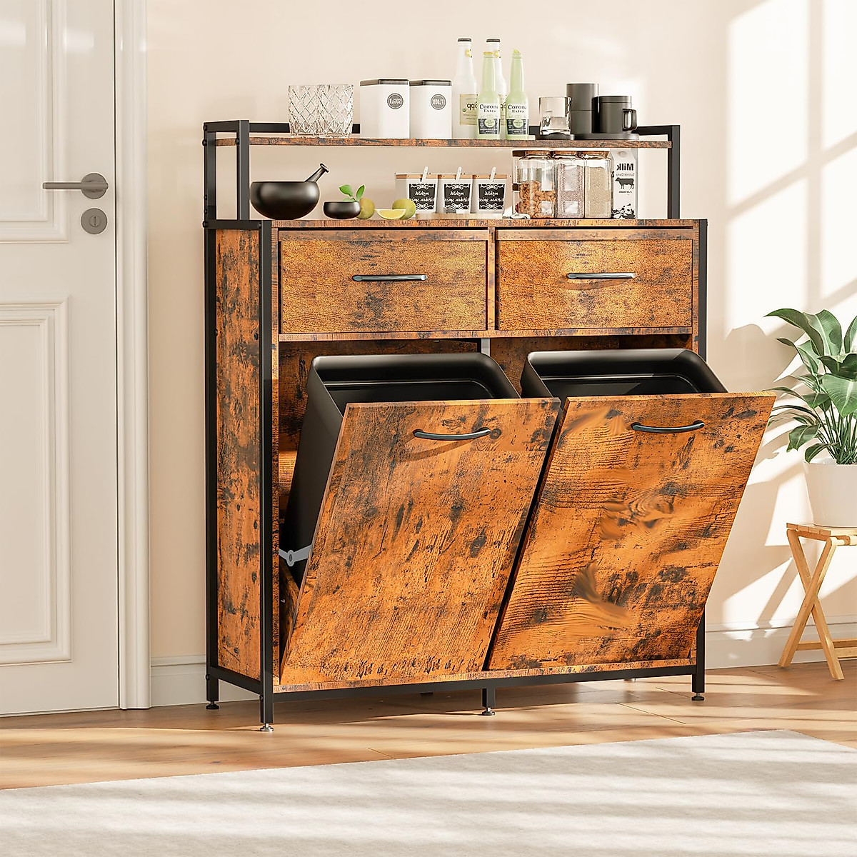 ZIAERKOR Double Tilt Out Trash Cabinet, Hidden Trash Bin Cabinet, Large Wooden Trash Can for Kitchen with Shelf, Dual Tilt Out Laundry Hamper Cabinet Free Standing Holder 10 Gallon