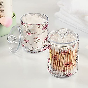 Kigai 2PCS Pink Flowers Qtip Holder Dispenser with Lids - 14 oz Bathroom Storage Organizer Set, Clear Apothecary Jars Food Storage Containers, for Tea, Coffee, Cotton Ball, Floss