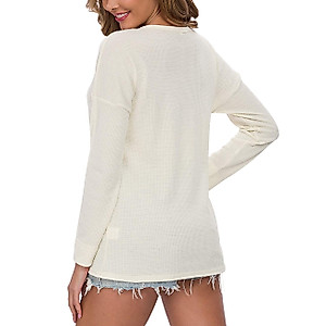 WNEEDU Women's Waffle Knit Tunic Tops Loose Long Sleeve Button Up V Neck Henley Shirts,Beige L