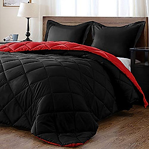 downluxe Lightweight Solid Comforter Set (Queen) with 2 Pillow Shams - 3-Piece Set - Red and Black - Down Alternative Reversible Comforter