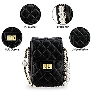 Anna&Yoyo Crossbody Phone Purse, Small Cell Phone Crossbody Bag, Leather Shoulder Bag Quilted Purse with Pearls Chain for Women Girls