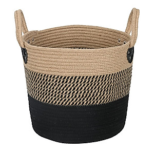 ZOES HOMEWARE 14"x12" Natural Jute Rope Woven Storage Basket with Handles for Plant, Blankets,Toys - Living Room Home Decor,Multifunctional Basket for Organizer,Picnic,Artificial Tree Black and Beige