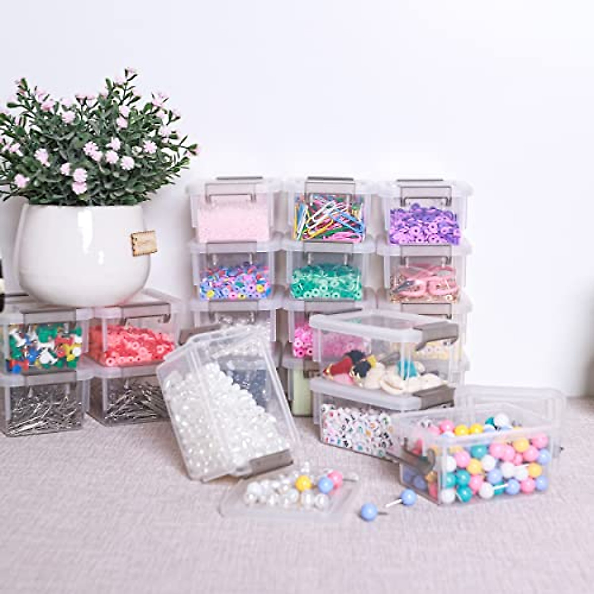 Citylife 20 Packs 0.18 QT Plastic Bead Organizers & 10 Packs 1.3 QT Small Storage Bins with Lids Stackable Box, Clear White