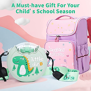 PHEENOWL 13oz Donut Water Bottle with Straw for Kids, BPA Free & Leak Proof Sports Cup for Boys Toddler Drink Bottle with Shoulder Strap for Outdoor and School (Dinosaur)