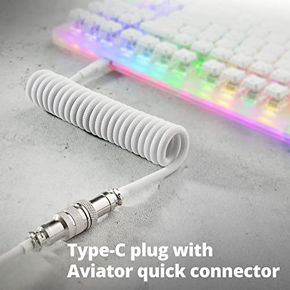 GUNMJO Pro Custom Coiled USB C Cable for Gaming Keyboard, Double-Sleeved Mechanical Keyboard Cable with Detachable Metal Aviator, 1.5M USB-C to USB-A, White Color