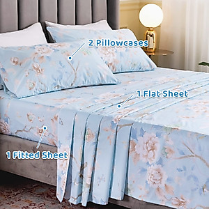 QSH 100% Egyptian Cotton Sheets Full Size Set, Blue Bird Plant Pattern Botanical Luxury Cotton Printed Bedding Floral Full Bed Sheets Extra Soft and Breathable 4pcs Deep Pockets Sheets