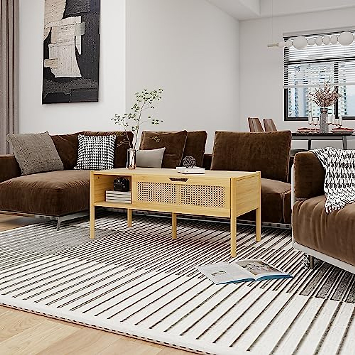 Modern Natural Bamboo and Rattan Table, Lift Coffee Table. Adjustable Storage Rack Living Room