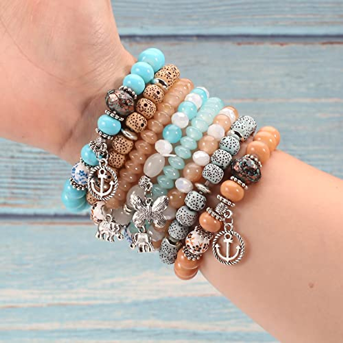 6 Set Butterfly Bracelets for Women and Teen Girls Multilayer Beads Tassel Stretch Bracelet Charm Boho Colorful Jewelry