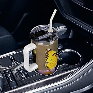 LLUTSNTH 40 Oz Vacuum Tumbler with White Handle Leakproof Insulated Tumbler Yellow Butterfly And Flower Stainless Steel Travel Mug with Lid And Straw Coffee Cup Cute Water Bottles Cup Holder Friendly