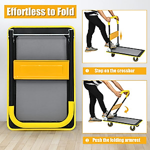 Goplus Folding Platform Cart, 330LBS Rolling Flatbed Cart Hand Platform Truck Push Dolly for Loading, Yellow