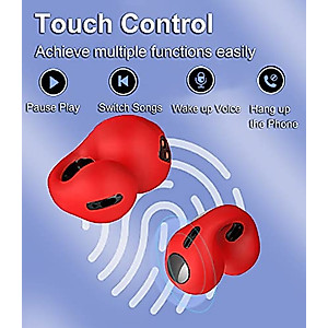Wireless Ear Clip Bone Conduction Earbuds Open Ear Headphones Wireless Bluetooth for Android iPhone, Sport Wireless Earbuds with Earhooks Up to 36 Hours Playtime Waterproof Outer Ear Earbuds (Red)