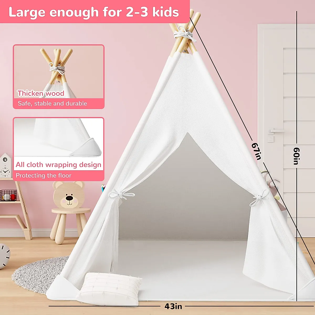 Large Kids Teepee Tent for 2 3 4 5 6 Year Old Girls, Kids Foldable Play Tent with Padded Mat & Light String, Ideal Gifts Toys Tent, White Canvas Teepee Indoor Outdoor Games, Kids Playhouse for Boys