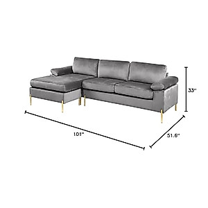 Prohon L-Shaped Sectional Sofa with Velvet Chaise & Gold Metal Legs, Mid-Century Style Modular Couch w/Removable Pillow Arms and Back for Living Room, Bedroom, Office, Gray
