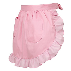 DONGYICS Waist Apron Cute Retro Vintage Half Apron Costumes Cooking Kitchen Ruffle Maid Apron with Pockets for Women (Pink)