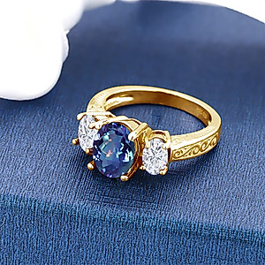 Gem Stone King 18K Yellow Gold Plated Silver 3-Stone Ring Oval Millennium Blue Mystic Quartz and Moissanite (2.80 Cttw) (Size 6)