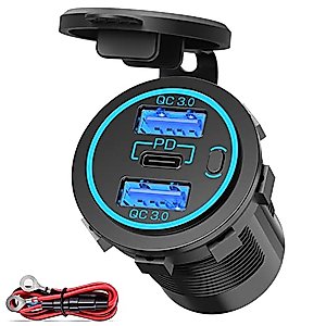 Newest 12V USB Outlet Ouffun 56W 12V USB C Car Charger Socket 20W PD USB-C & Dual 18W QC3.0 Car USB Port 12V Socket with Power Switch Waterproof DIY Outlet for Car Boat RV Marine Motorcycle Golf Cart