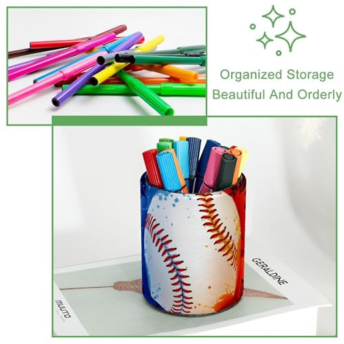 Pen Holder for Desk, Art Red and Blue Baseball Large Pencil Holder Pen Cup Decorative Desktop Organizers for Home, School, Classroom, Office