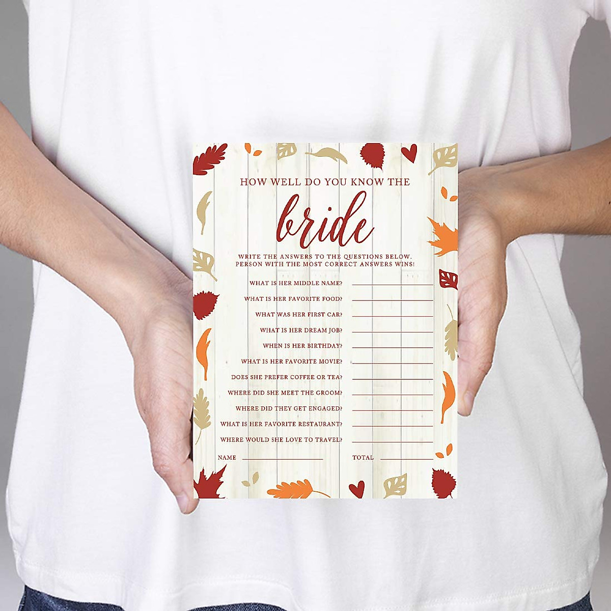 Andaz Press Fallin' in Love Autumn Fall Leaves Wedding Party Collection, How Well Do You Know the Bride? Bridal Shower Game Cards, 20-Pack