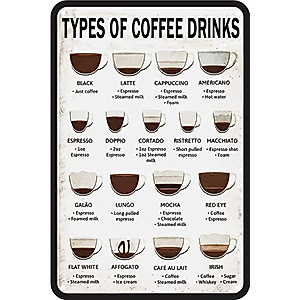 Vintage Coffee Signs For Coffee Bar Coffee Menu Knowledge Metal Tin Sign Art Wall Decor Types Of Coffee Drinks Retro Poster Cafe Living Room Kitchen Home Gift Plaque Decoration