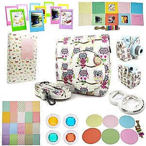 CLOVER 8 in 1 Accessory Bundles Set for Fujifilm Instax Mini 8 Instant Camera (Owl Case Bag/Album/Close-Up Lens/Wall Hanging Frame/Photo Frame/Sticker Borders)