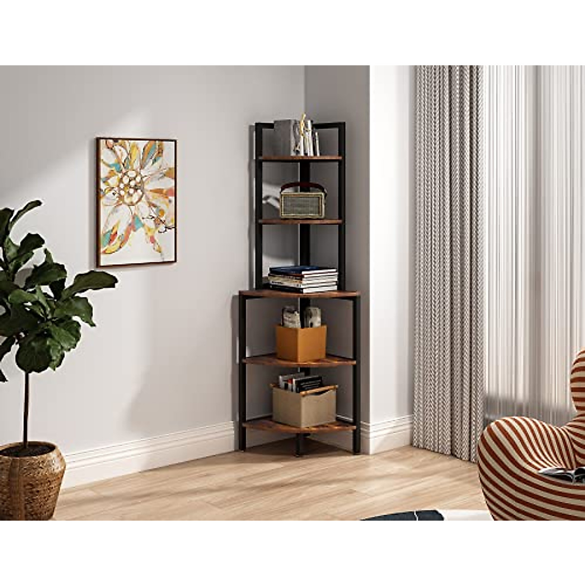 Bigbiglife Corner Shelf Stand, Corner Bookshelf for Storage and Display, Industrial Corner Ladder Shelf, Rustic Brown